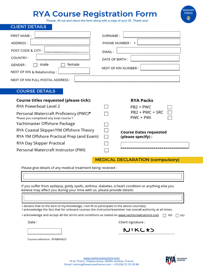 RYA Course Registration Form | PDF