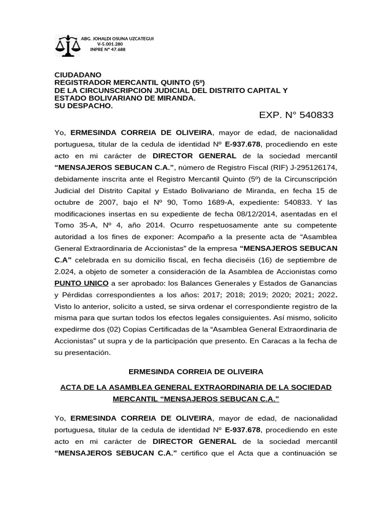 Segunda Acta de Asamblea Mensajeros Sebucan C.A. | PDF | Documento de ...