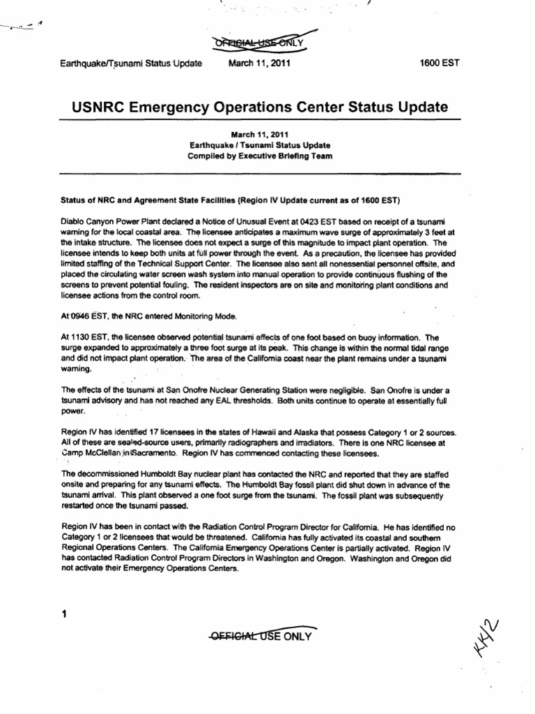 March 11th 2011 1600 EST USNRC Emergency Operations Center Status ...