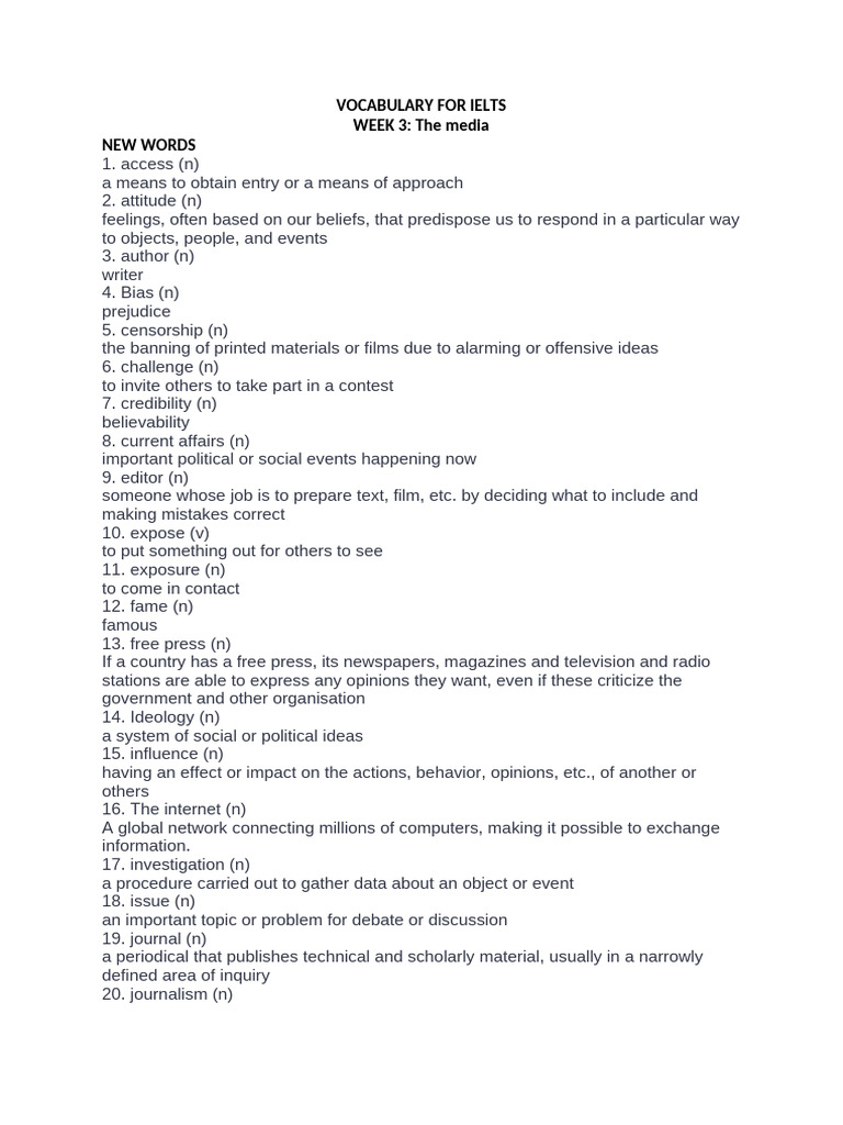 VOCABULARY FOR IELTS-week 3 | PDF | Mass Media | Newspapers