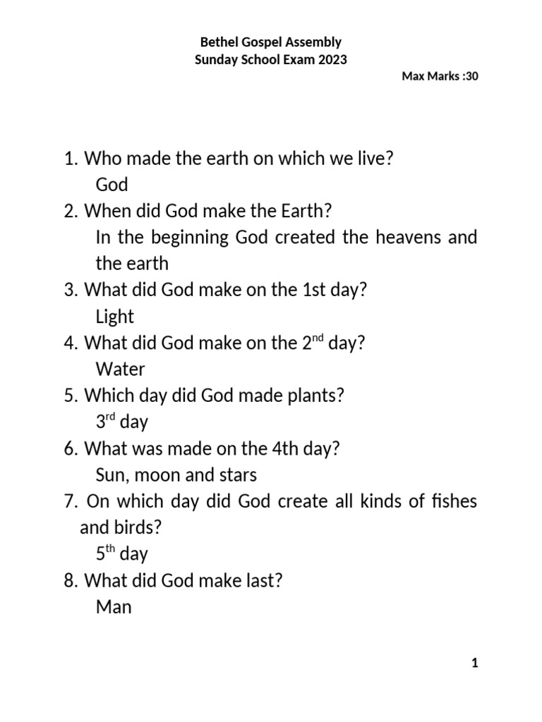 Sunday School Exam (Kids) | PDF | Jesus | Gospels