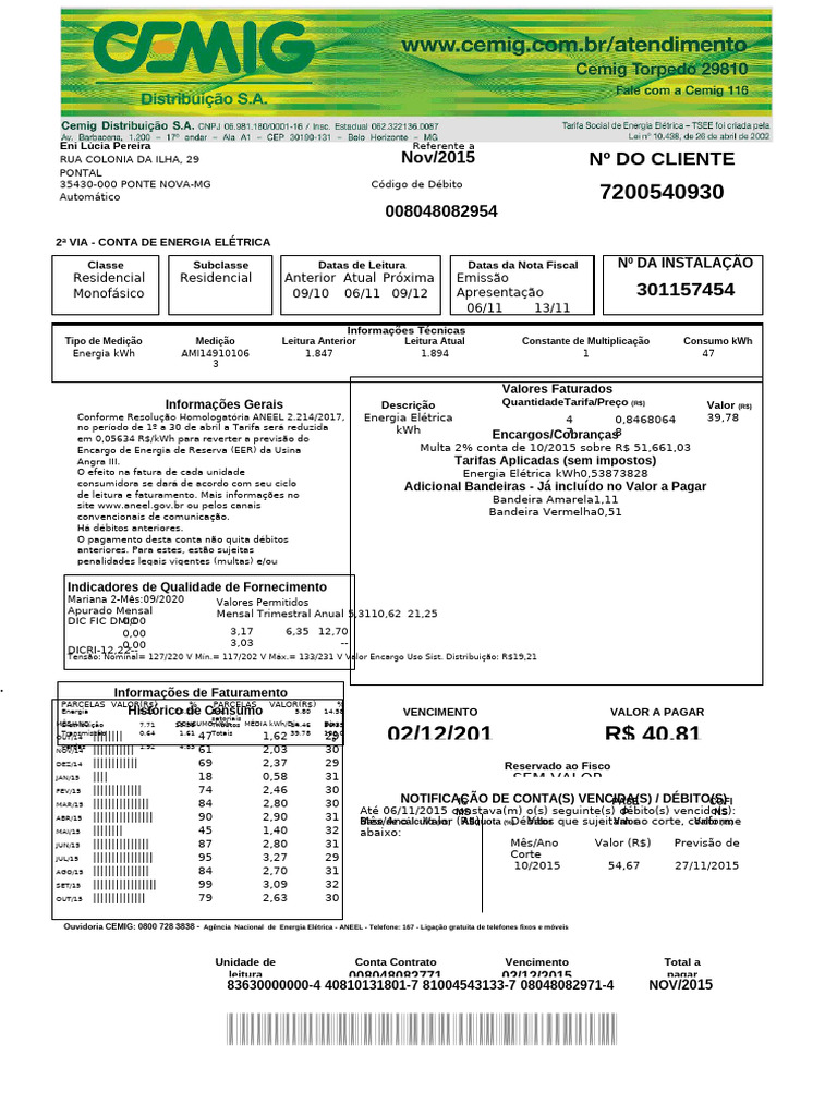 Fatura Cemig | PDF | Física | Quantidades físicas