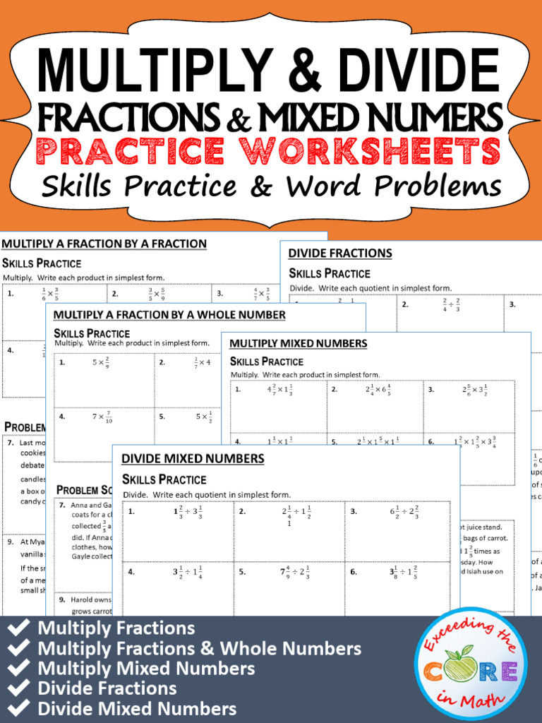 17 - MULTIPLY & DIVIDE FRACTIONS Homework Practice Worksheets Skills ...