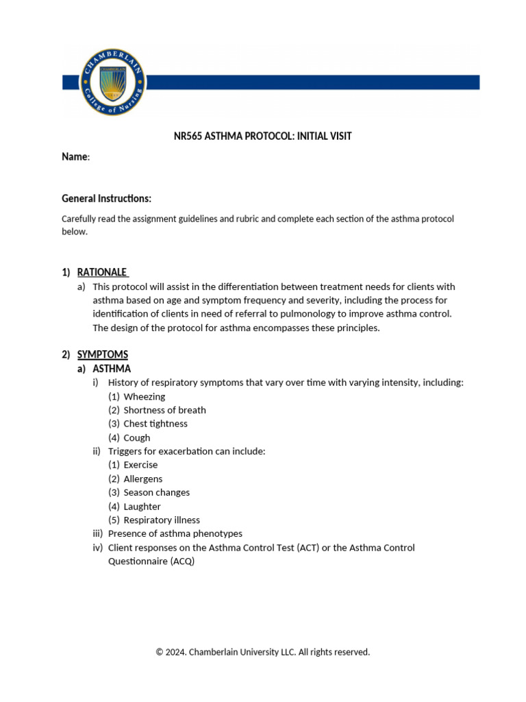 NR565 Asthma Protocol Overview | PDF | Asthma | Clinical Medicine