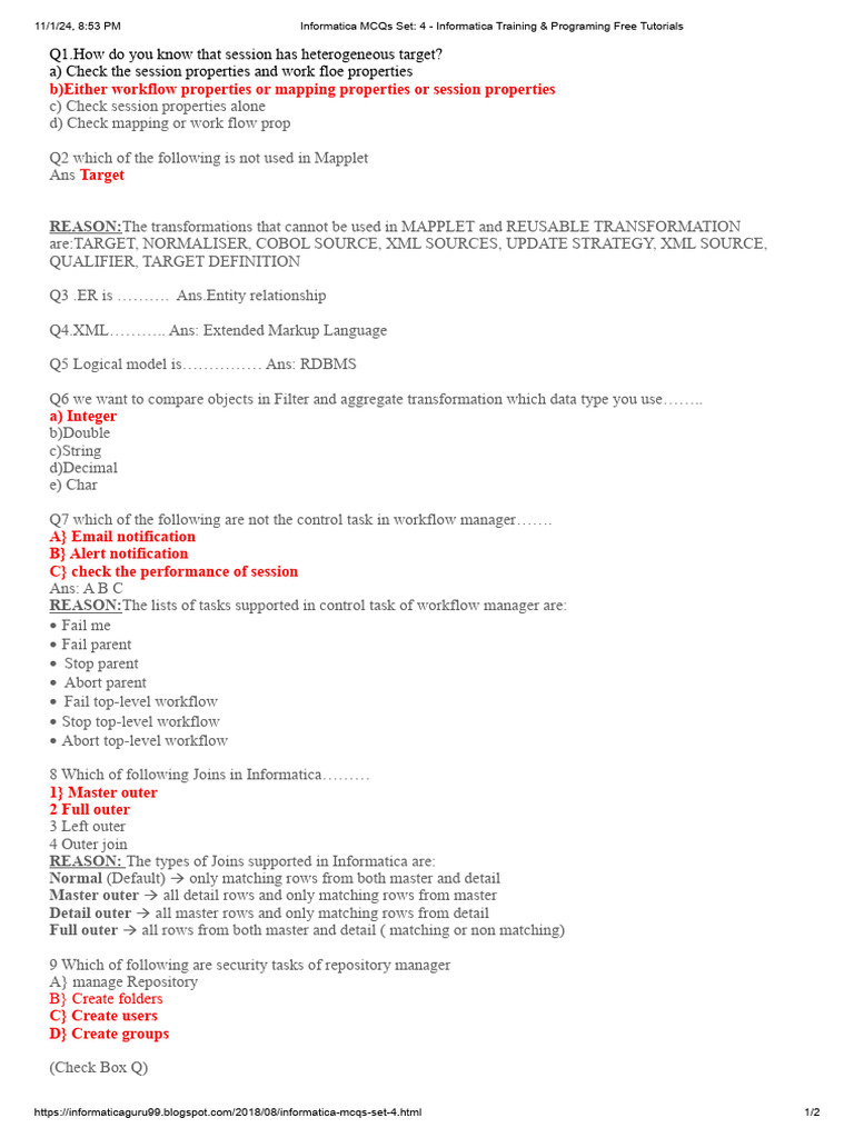 Informatica MCQs Set - 4 - Informatica Training & Programing Free Tutorials | PDF | Xml | Data