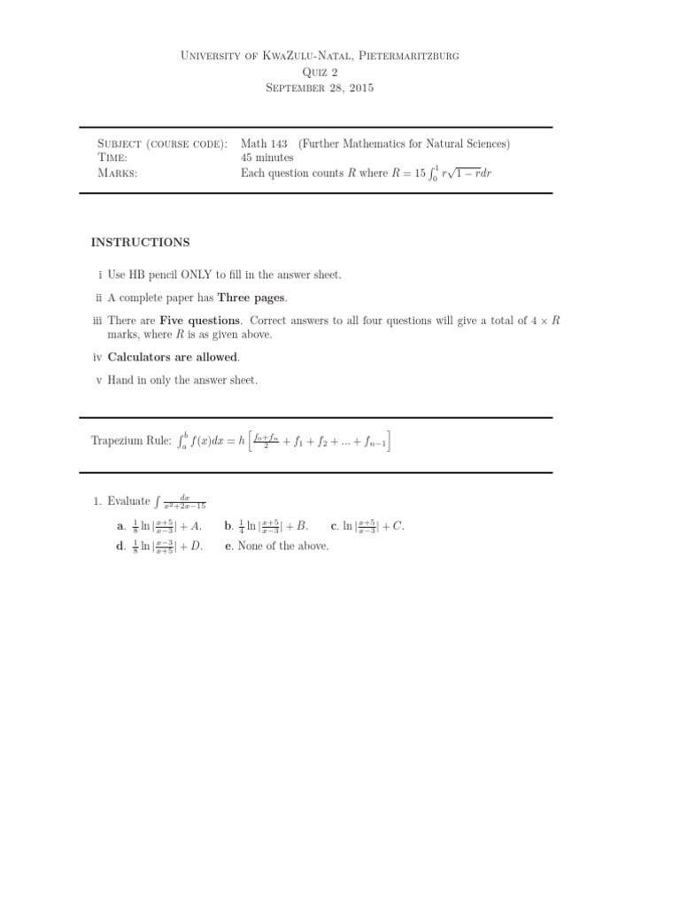 Math 143 Quiz 2 - Integration & Equations | PDF | Mathematical Analysis ...