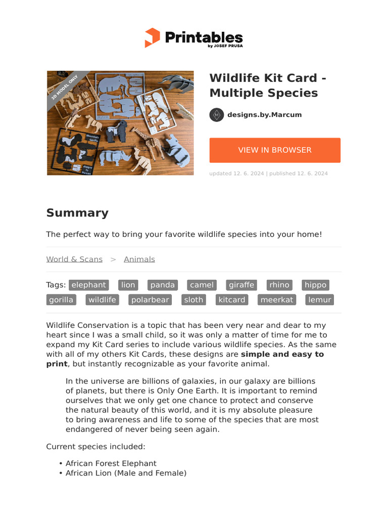 Wildlife Kit Cards for 3D Printing | PDF