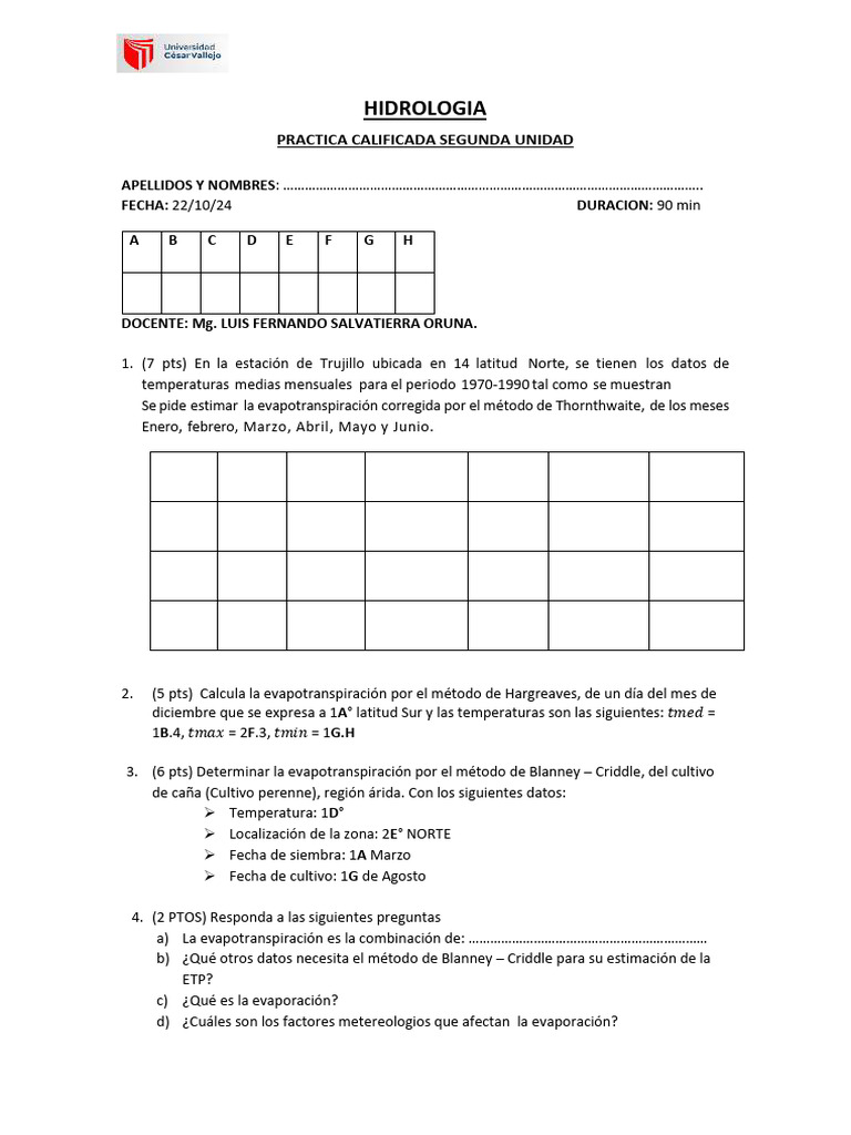 HIDROLOGIA - PRACTICA CAL 2DAtarde | PDF