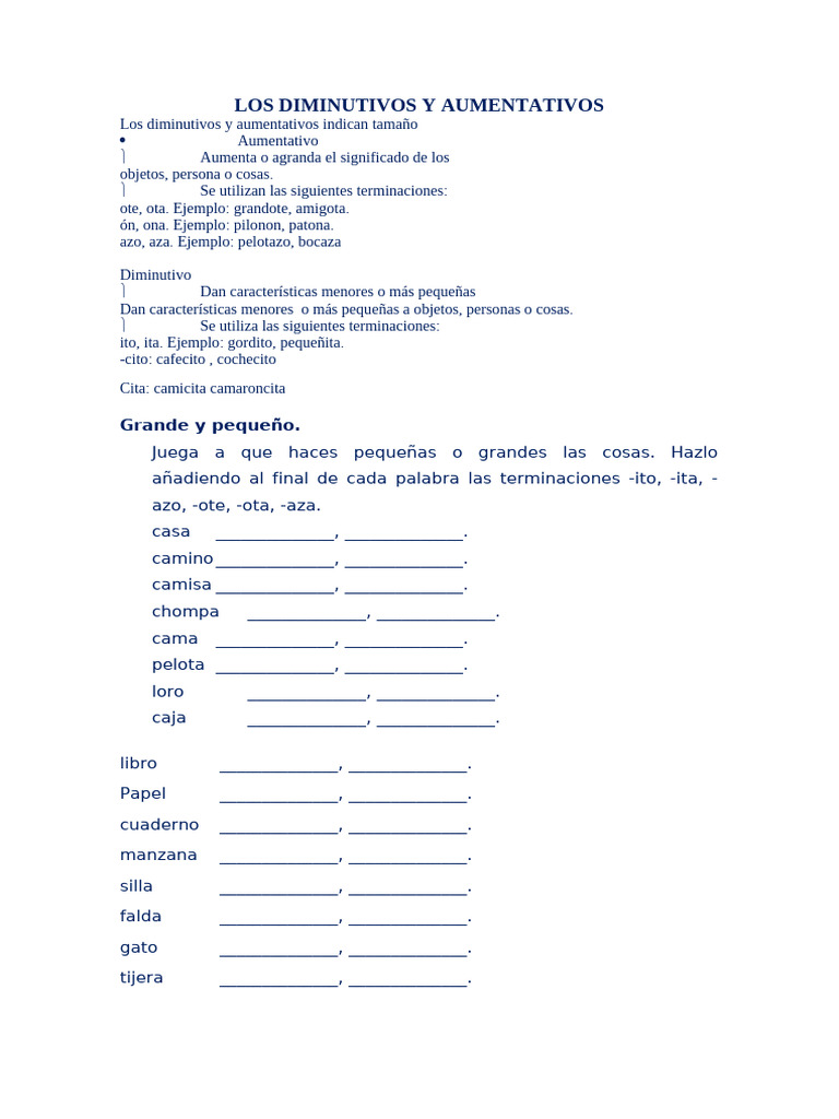 Diminutivos y Aumentativos en Español | PDF | Artes del Lenguaje y ...