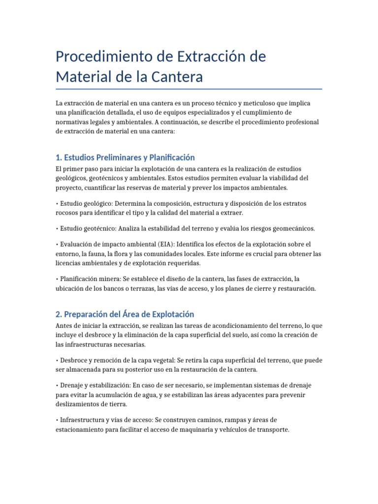 Procedimiento Extraccion Material Cantera | PDF | Minería | Cantera