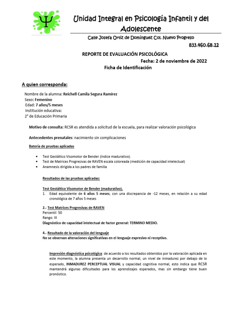 Reporte Psicologico Reichell Camila | PDF | Sicología | Aprendizaje