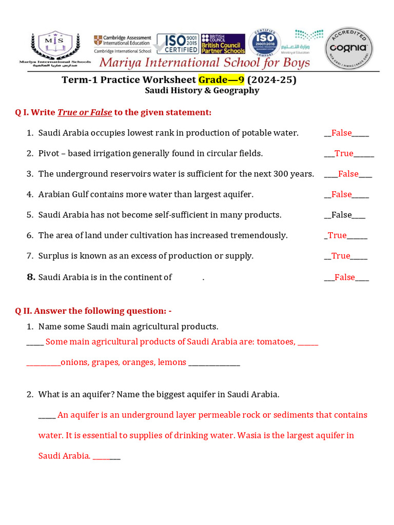 Saudi History & Geography Worksheet 9th Grade | PDF | Irrigation ...
