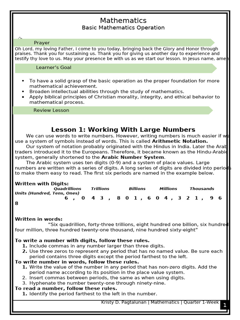 Week 8 Math 1st Quarter | PDF | Subtraction | Multiplication