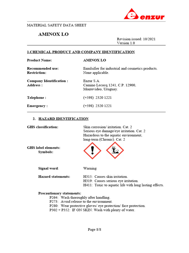 AMINOX LO FS Eng | PDF | Toxicity | Dangerous Goods