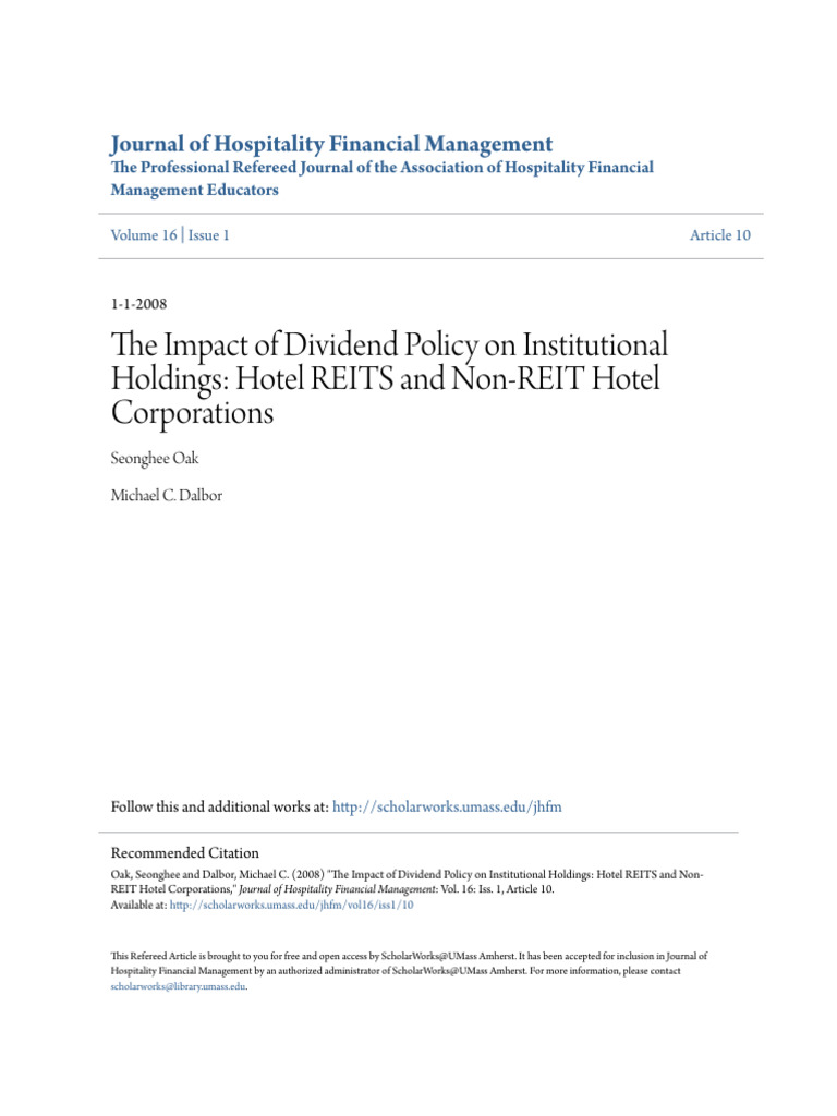 The Impact of Dividend Policy On Institutional Holdings - Hotel R | PDF | Real Estate Investment ...