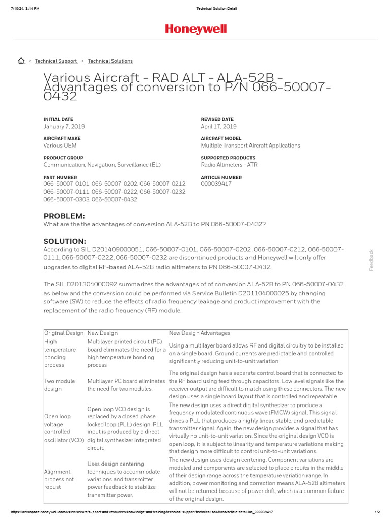 Various Aircraft - RAD ALT - ALA-52B - Advantages of Conversion To PN ...