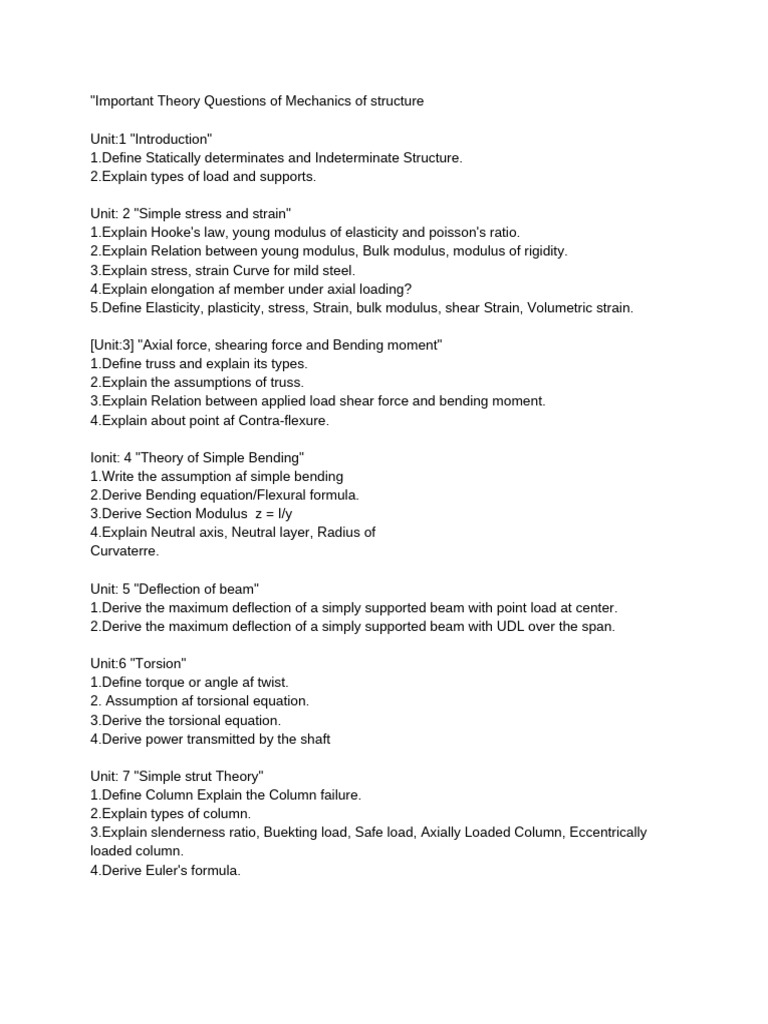 Important Theory Questions of Mechanics of Structure | PDF