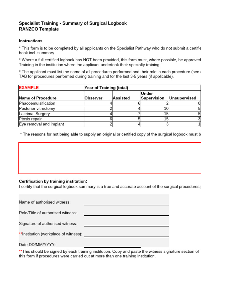 SIMG Surgical Logbook Summary Template NEW | PDF | Cornea | Glaucoma