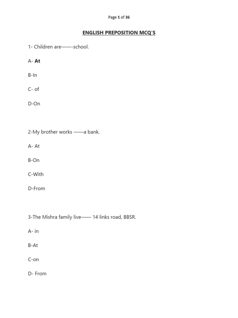 ENGLISH PREPOSITION MCQ Set 4 | PDF