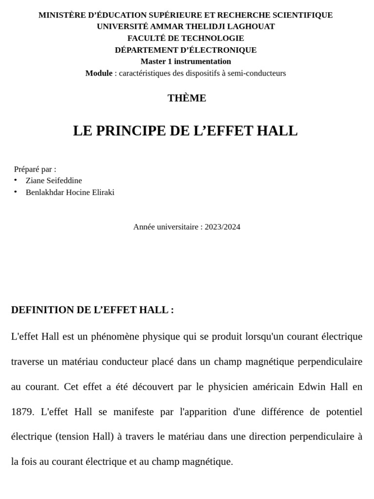 Principe de l'Effet Hall en Électronique | PDF | Semi-conducteurs ...
