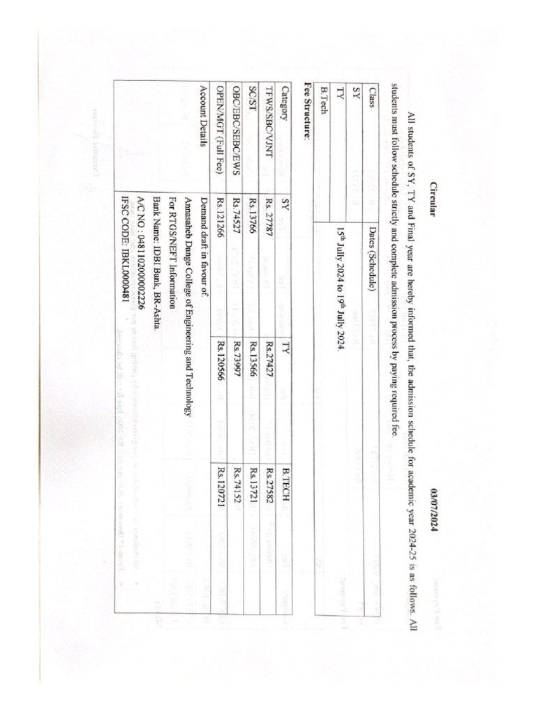 Admission Notice SY TY BTech | PDF