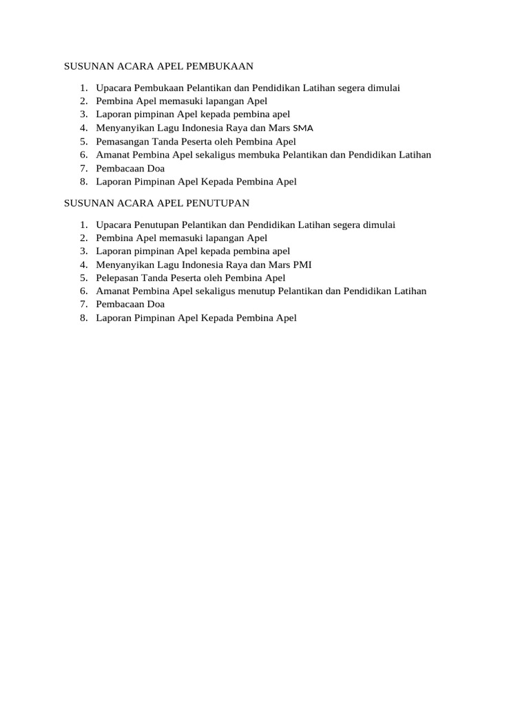 Susunan Acara Apel Pembukaan Dan Penutupan | PDF