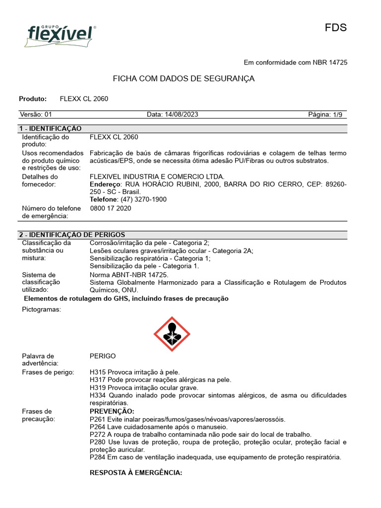 FDS NBR 14725 (PT) - Flexx CL 2060 - V01 - 20230814201007 | PDF | Temperatura | Embalagem e ...