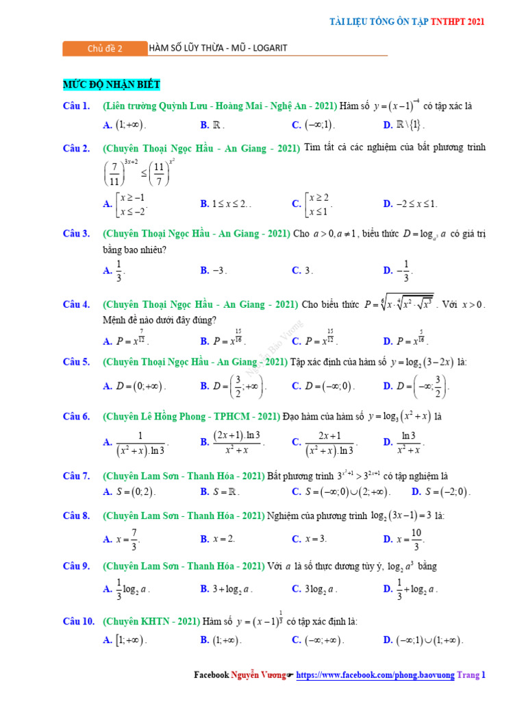 Tong On Tap TN THPT 2021 Mon Toan Ham So Luy Thua Mu Logarit Trang 1 | PDF