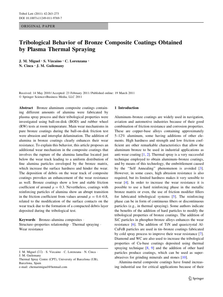 Tribological Behavior of Bronze Composite Coatings Obtained by Plasma ...