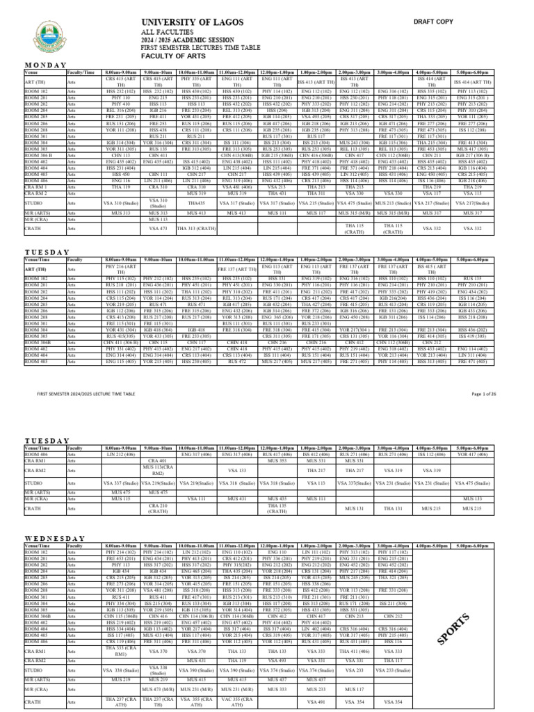 UNILAG 2024/2025 Arts Timetable | PDF | Public Services | Health Care