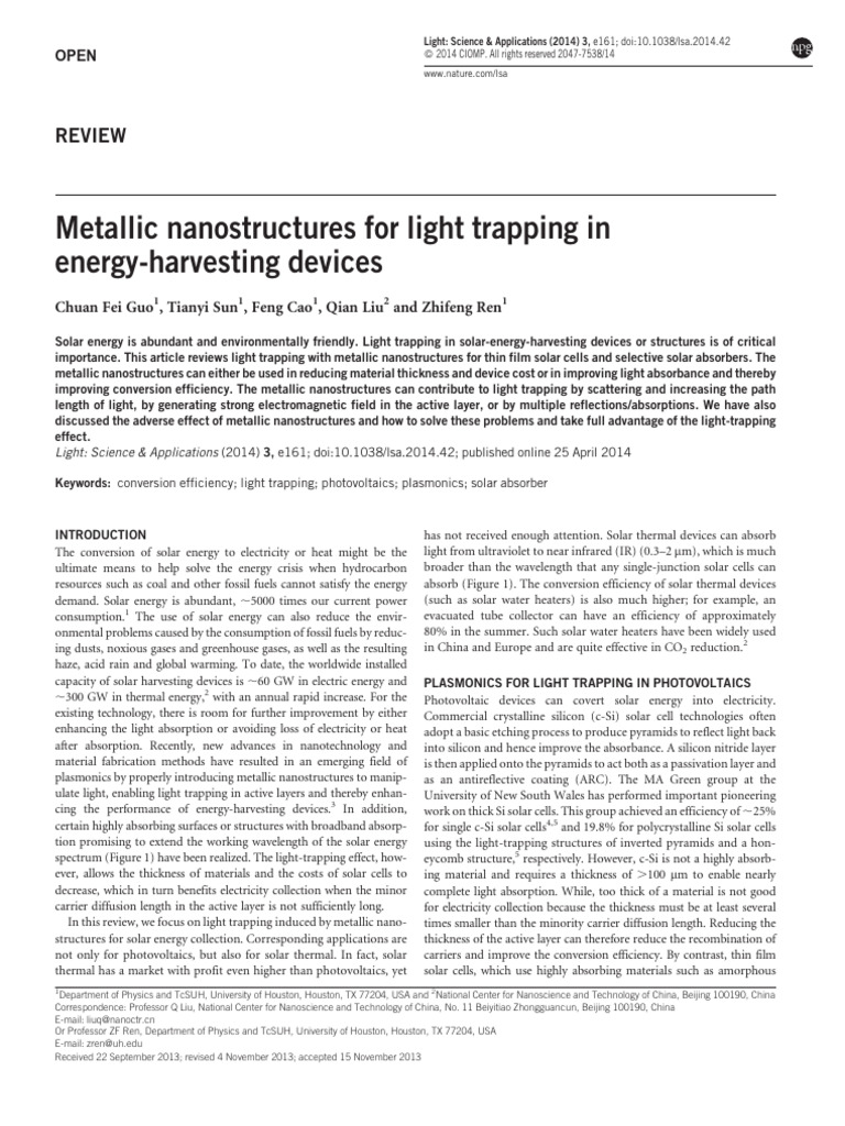Metallic Nanostructures for Light Trapping | PDF | Solar Cell ...