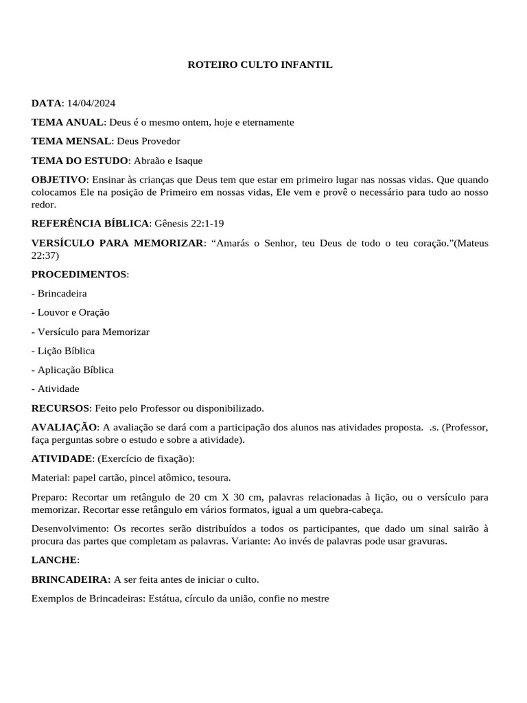 Roteiro Culto Infantil 08-04-2024 | PDF | Abraão | Isaac