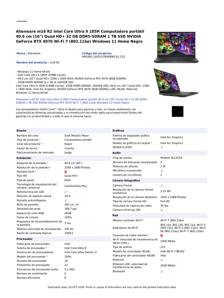 Alienware M16 R2 Datasheet | PDF | Unidad de estado sólido | USB