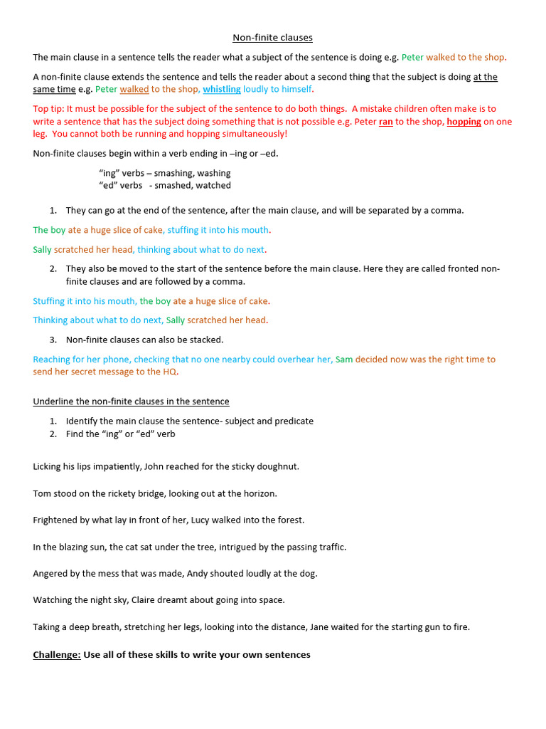 Non-Finite Clauses - Monday's Activity | PDF