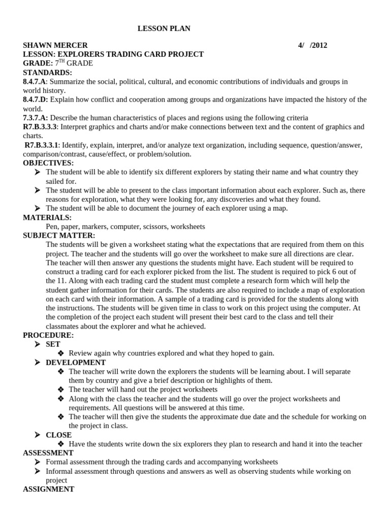 Trading Card Lesson Plan | PDF | Lesson Plan | Teachers