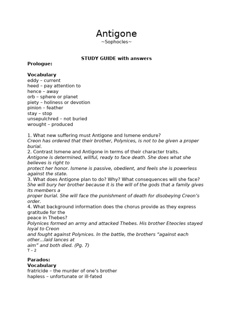 Antigone Discussion Questions With Answers 2 | PDF | Boeotian Mythology ...