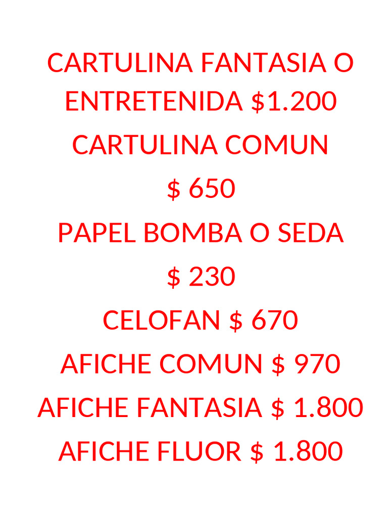 Cartulina Fantasia o Entretenida Parea Precios | PDF