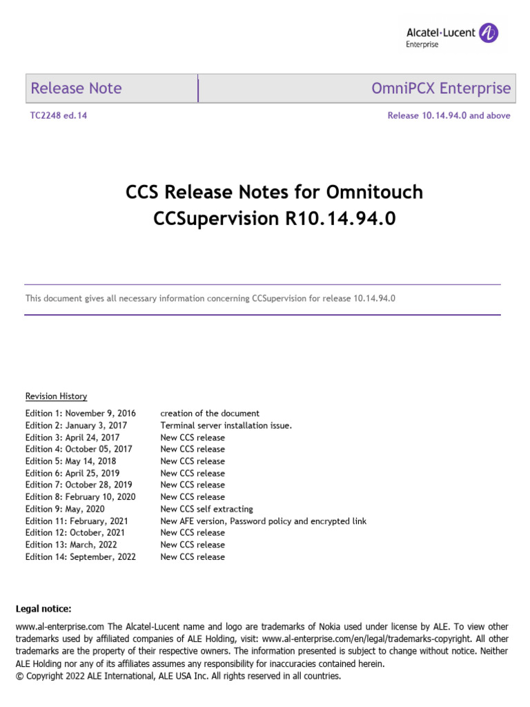 TC2248en-Ed14 Release Note For CCSupervision R10.14.94.0 | PDF | Microsoft Windows | Microsoft Excel