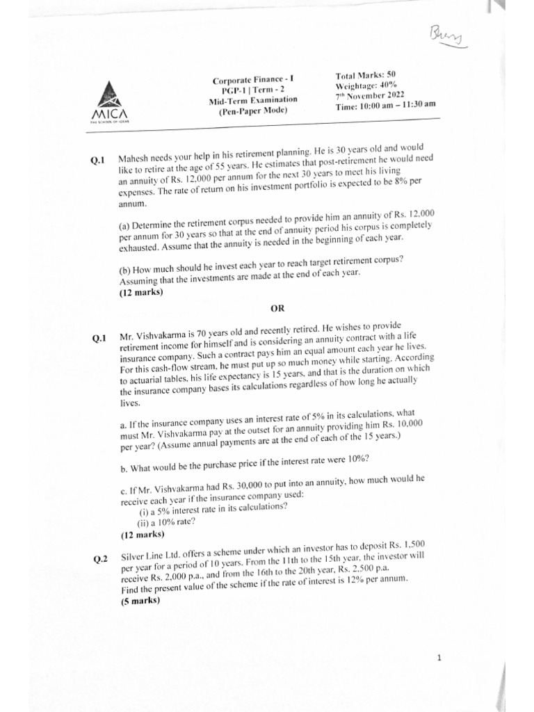 Cf-1 End Term Paper + Formula Sheet | PDF