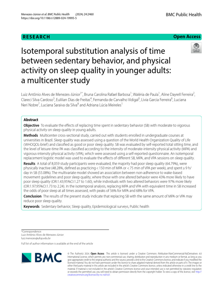 Isotemporal Substitution Analysis of Time Between Sedentary Behavior ...