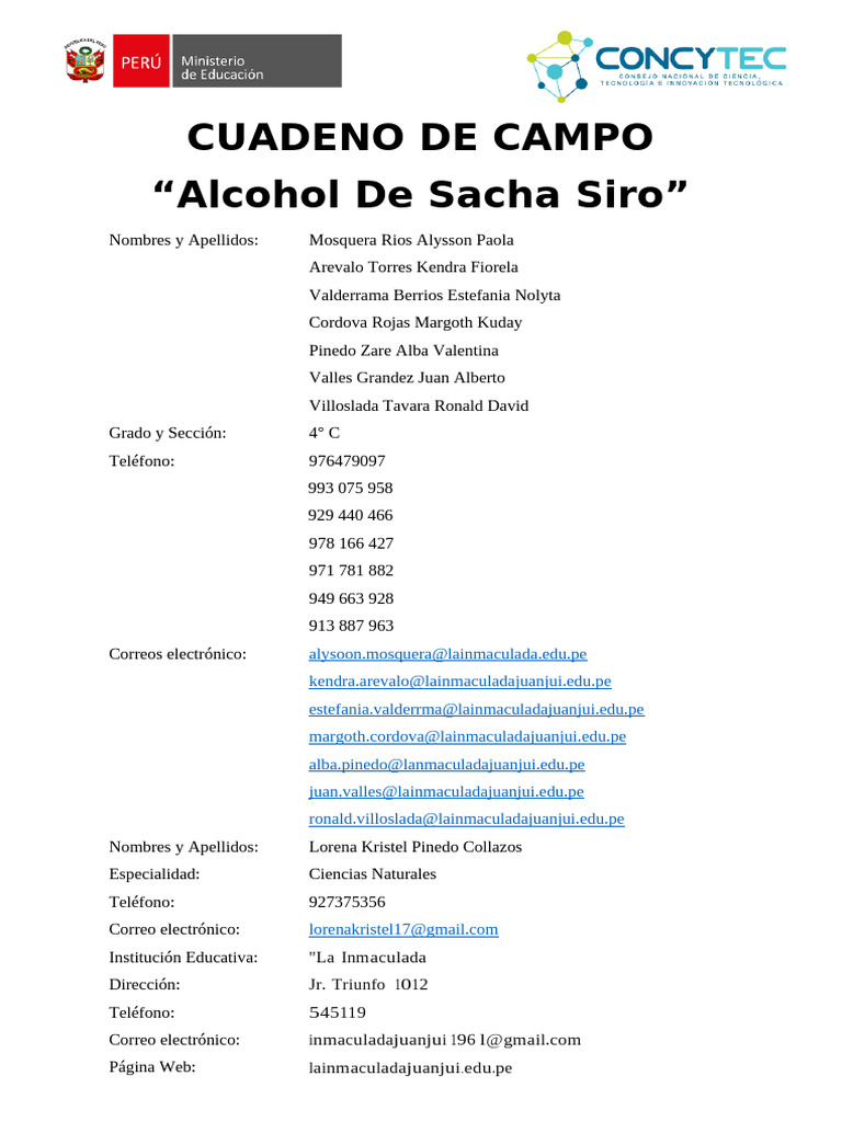 CUADERNO DE CAMPO DE Alcohol de Sacha wiro-LORE-CNI | PDF