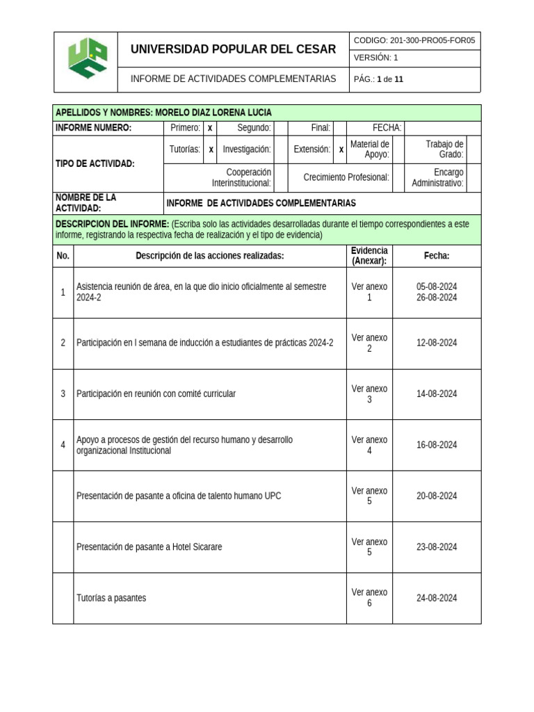 FORMATO INFORME ACTIVIDADES COMPLEMENTARIAS v1 | PDF