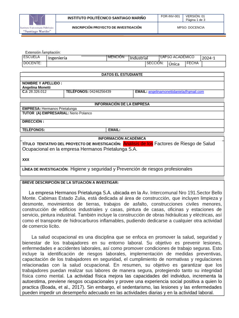Forma 001 Inv Inscrip Proy Inv - Editable Angelina Monetti | PDF | Seguridad y salud ocupacional