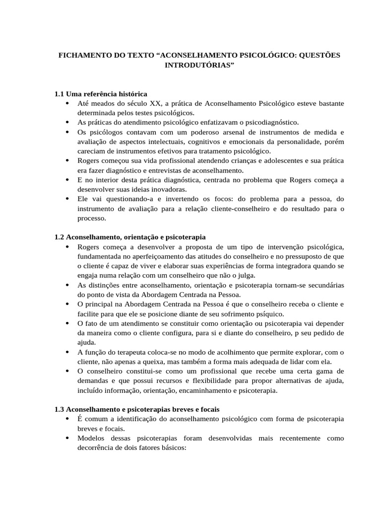 Fichamento Do Texto - Aconselhamento Psicológico - Questões Introdutórias | PDF | Psicoterapia ...