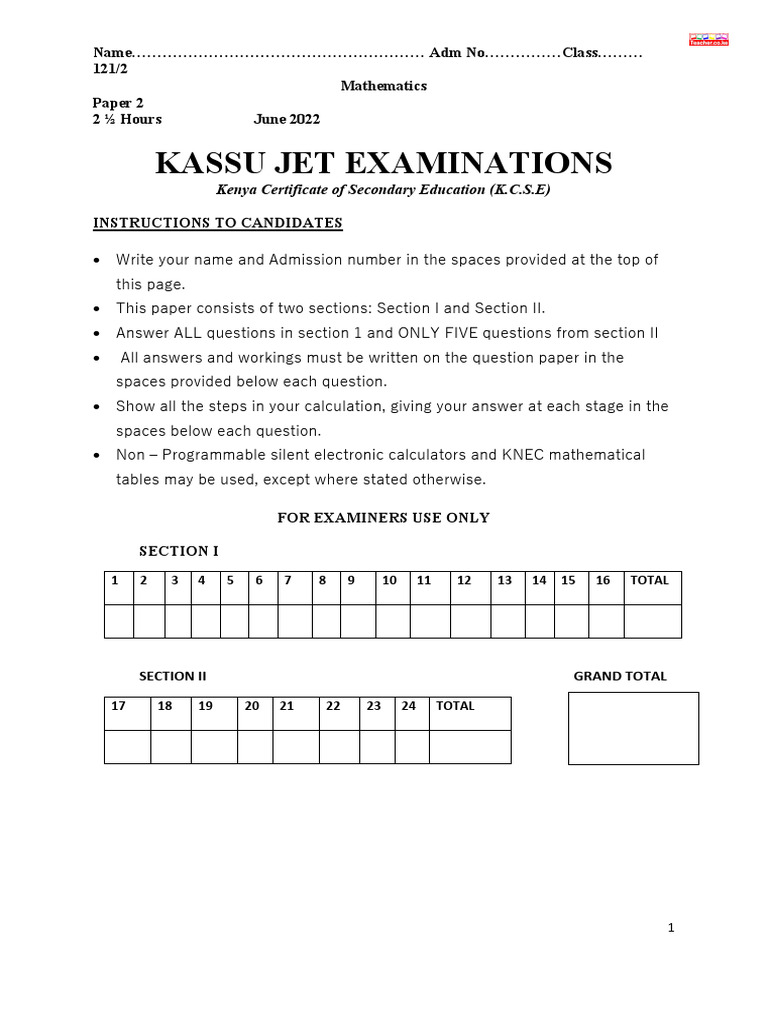KASSU JET MATHEMATICS PAPER 2 QUESTIONS Teacher - Co - Ke | PDF | Area ...