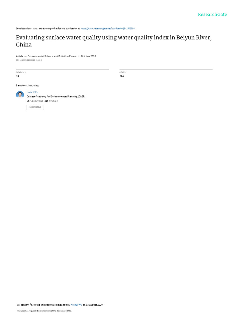 Evaluating Surface Water Quality Using Water Quality Index In Beiyun River China Pdf Water