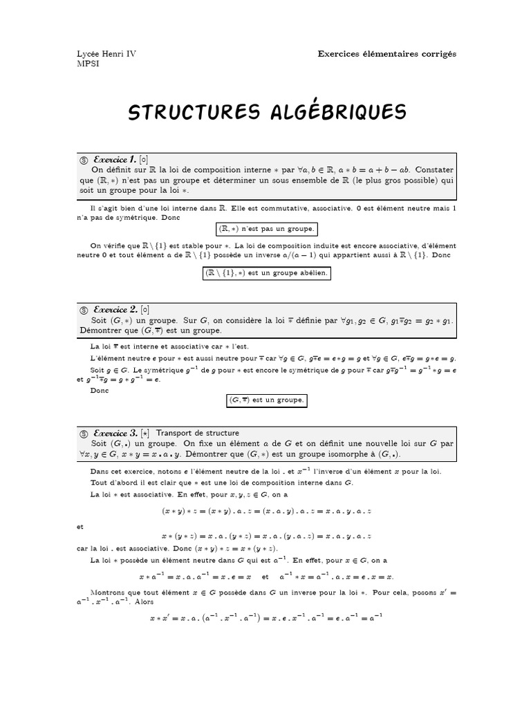 Exercices corrigés sur les structures algébriques | PDF | Groupe ...