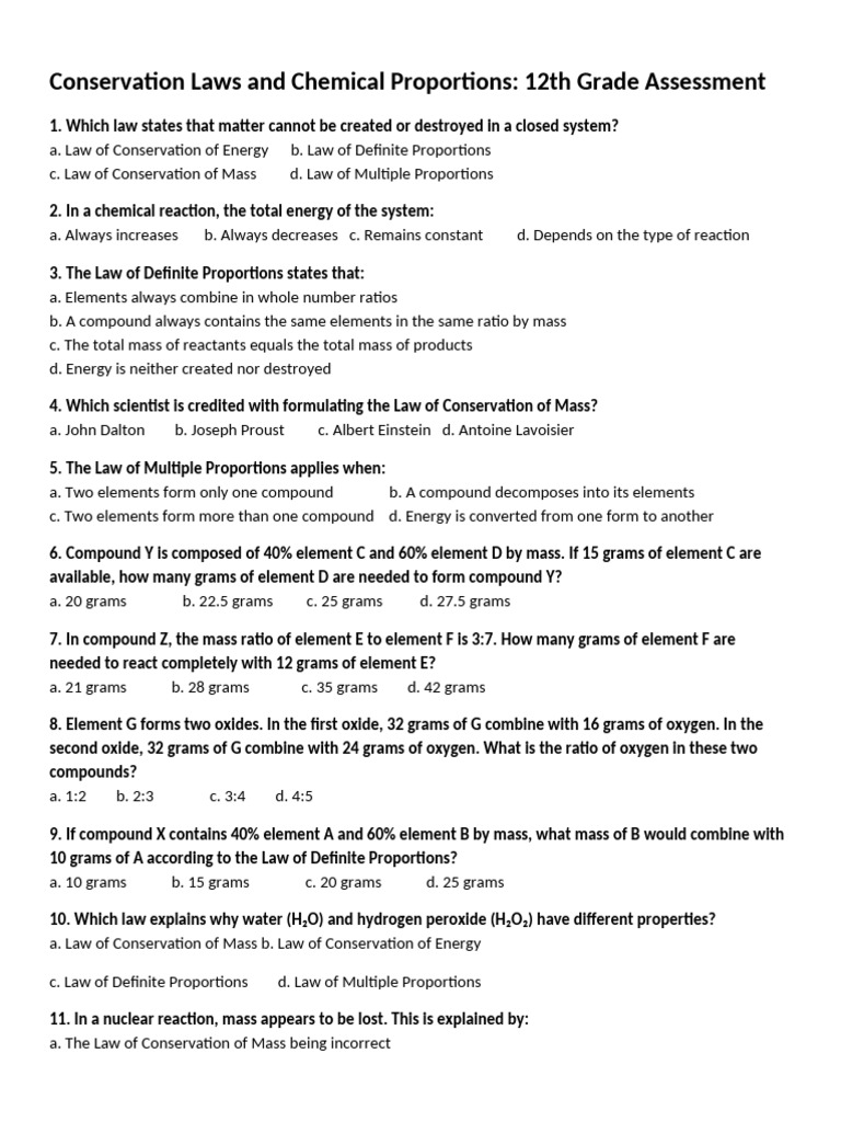 Conservation Laws in Chemistry Assessment | PDF | Chemical Elements ...