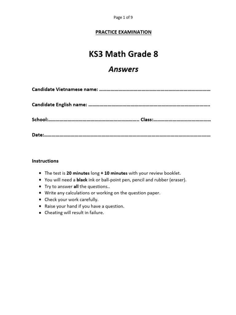 Math Practice Test - Answers (Updated) | PDF | Volume