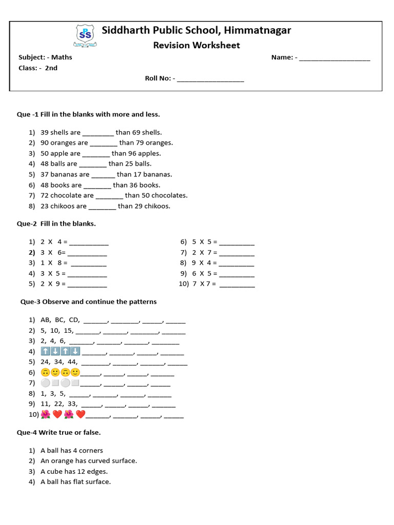 Class 2 Maths Worksheet | PDF